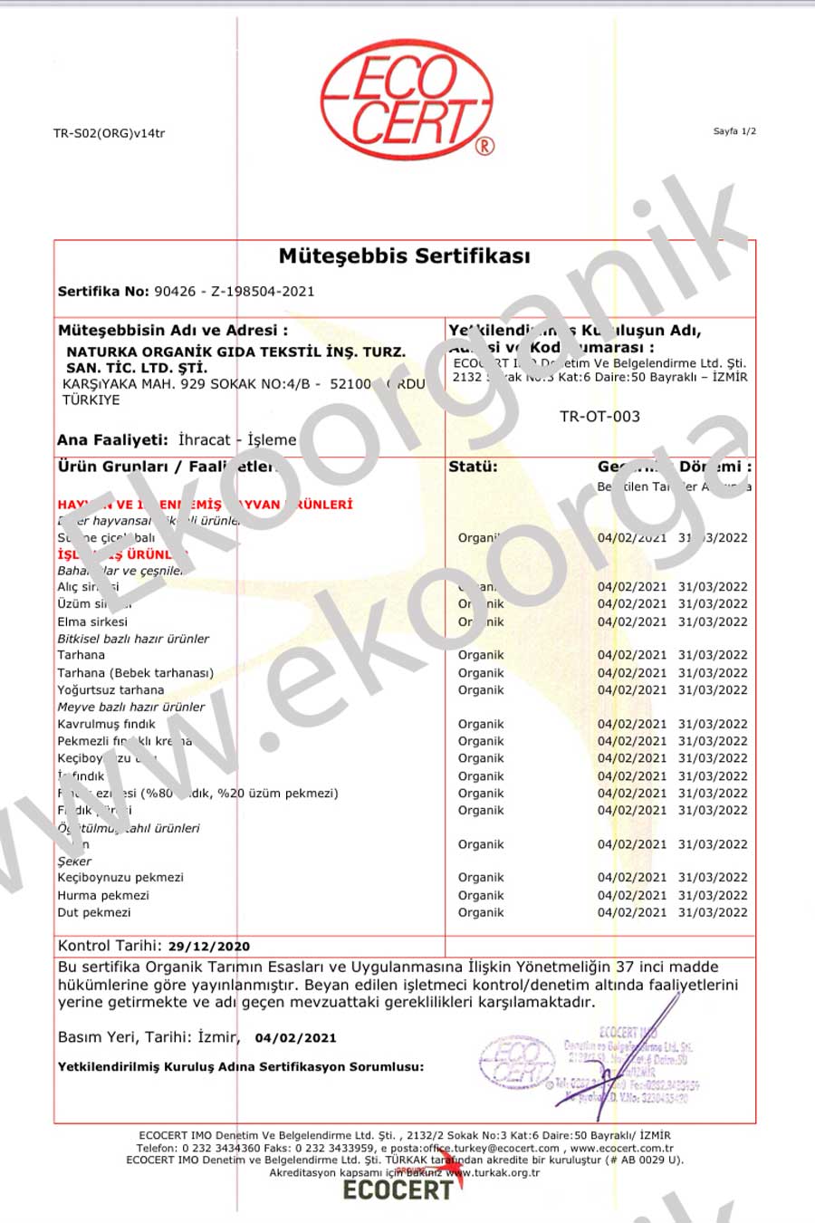 Naturka Organic Food ECOCERT Certificate - Ekoorganik