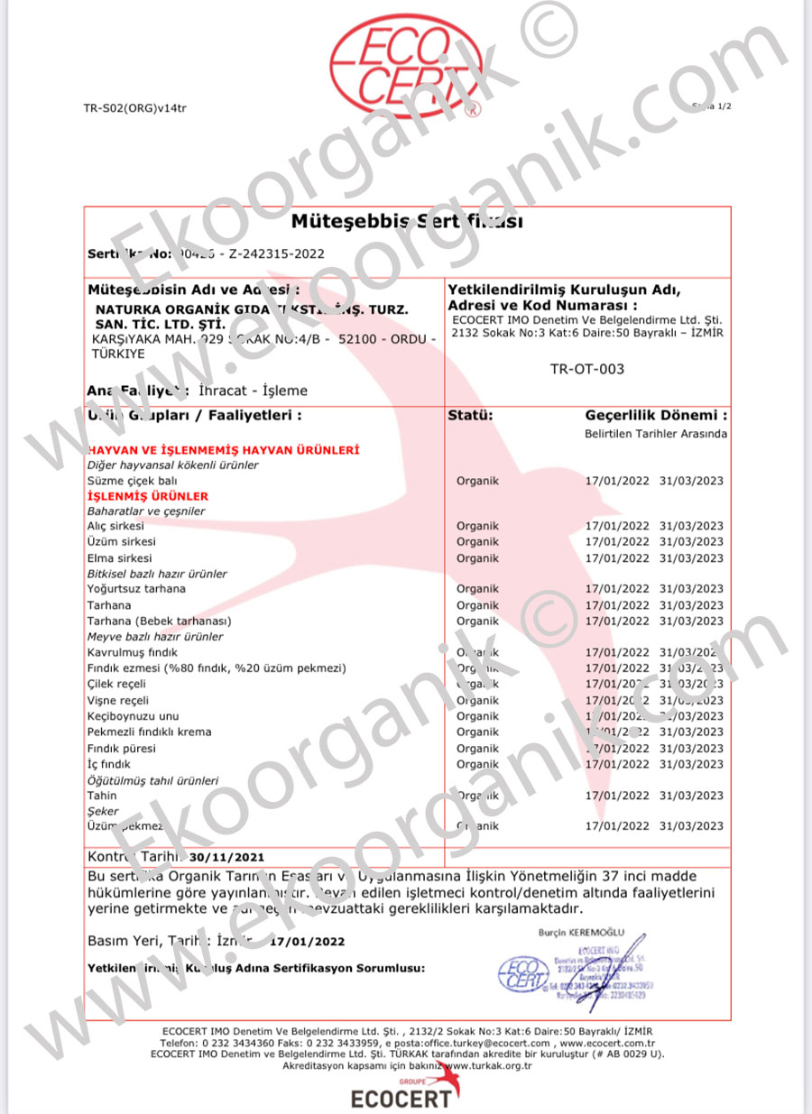 Naturka Organik Gıda ECOCERT Sertifika - Ekoorganik