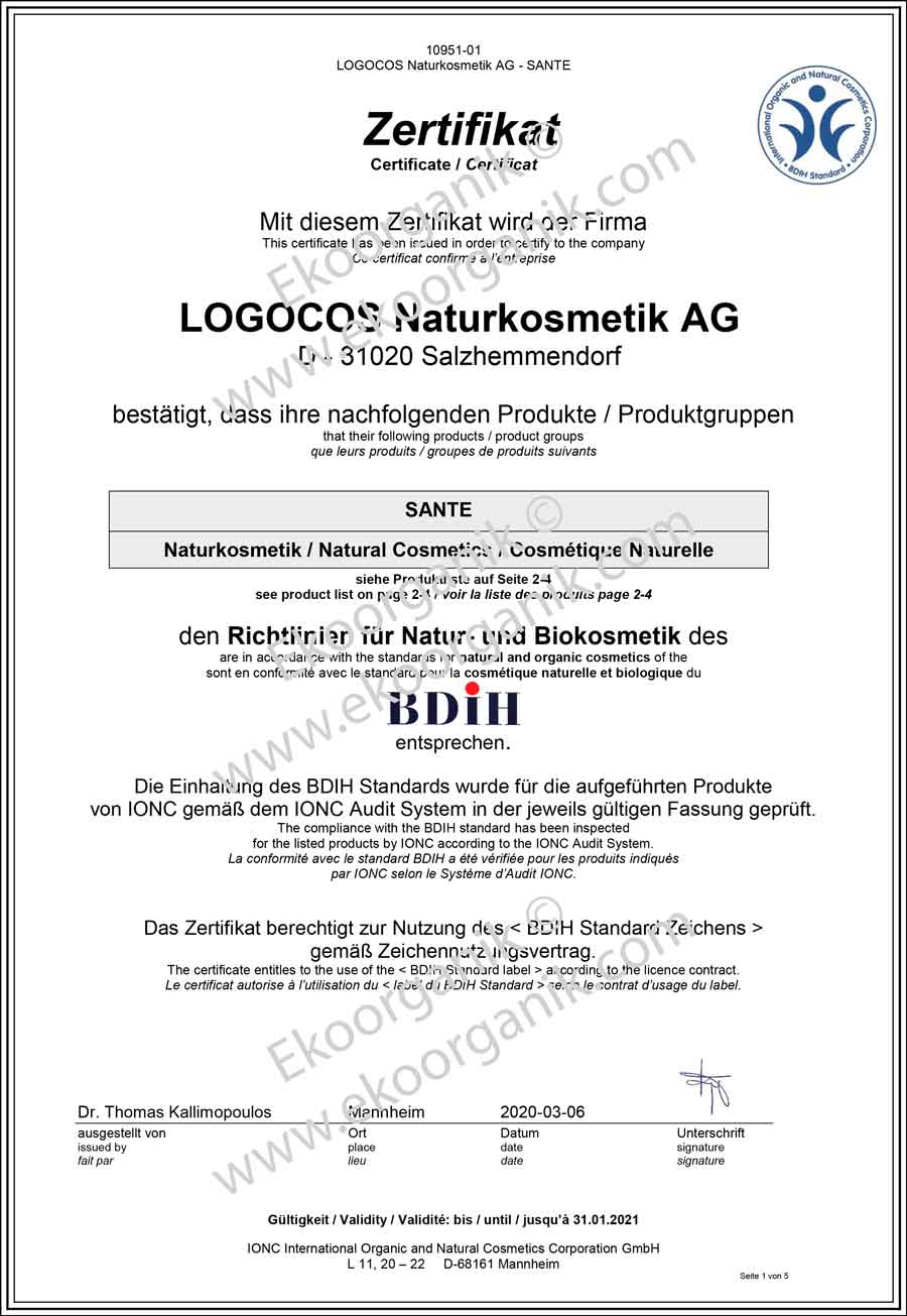 Sante, Logocos Naturkosmetik BDIH Certificate - Ekoorganik