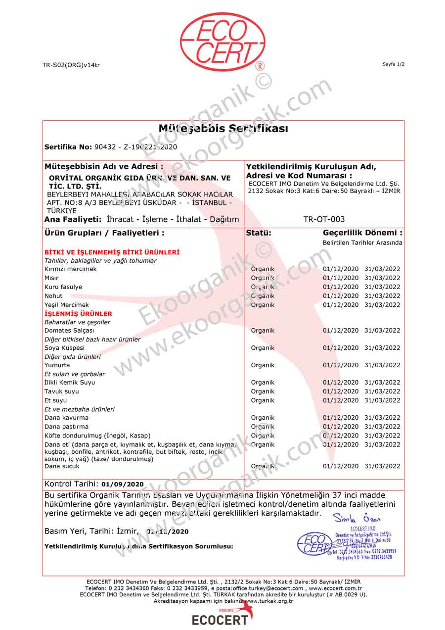 Orvital Organic Food ECOCERT Certificate - Ekoorganik